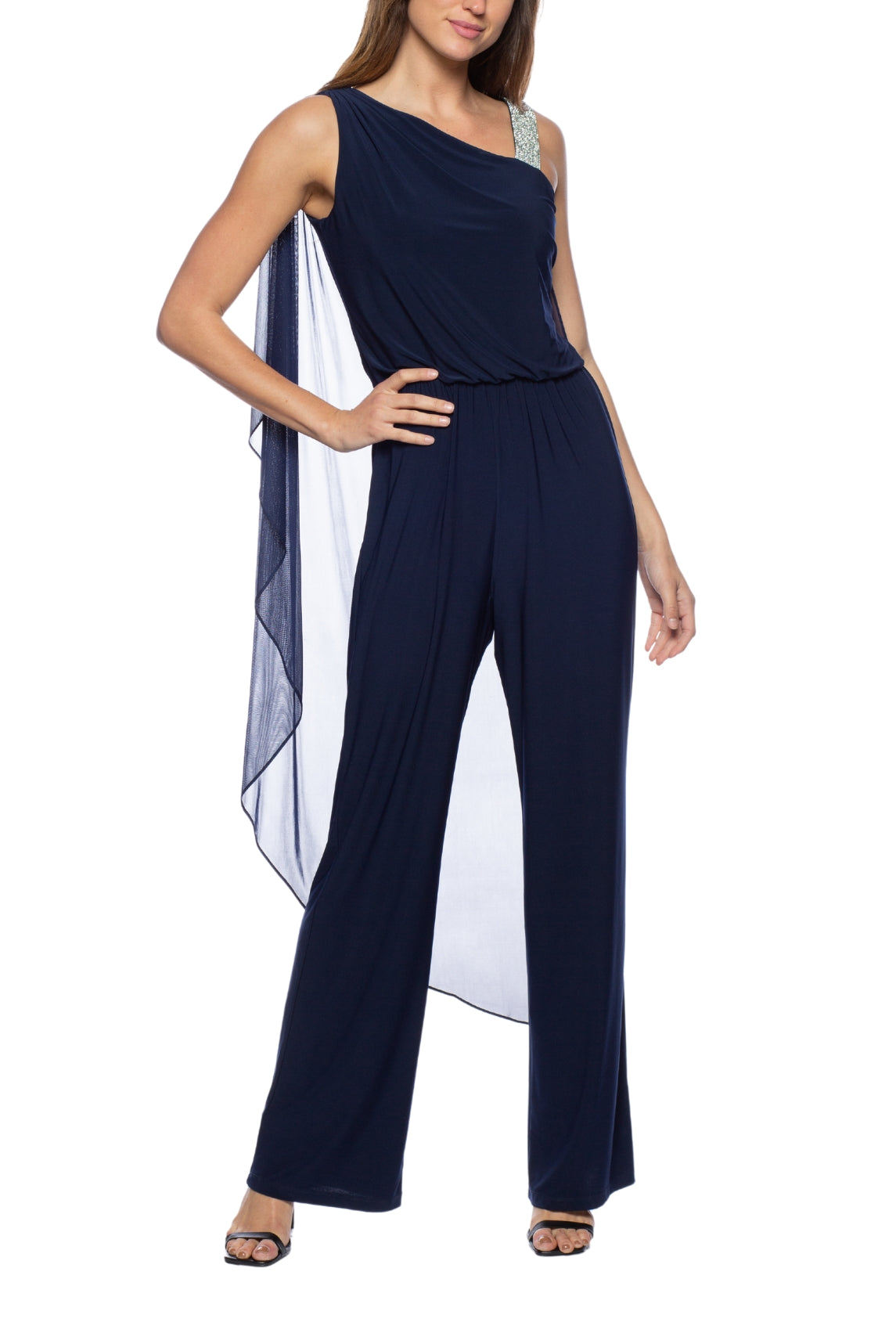 Marina Sleeveless Asymmetric Neck Embellished Chiffon Cape Jumpsuit ...